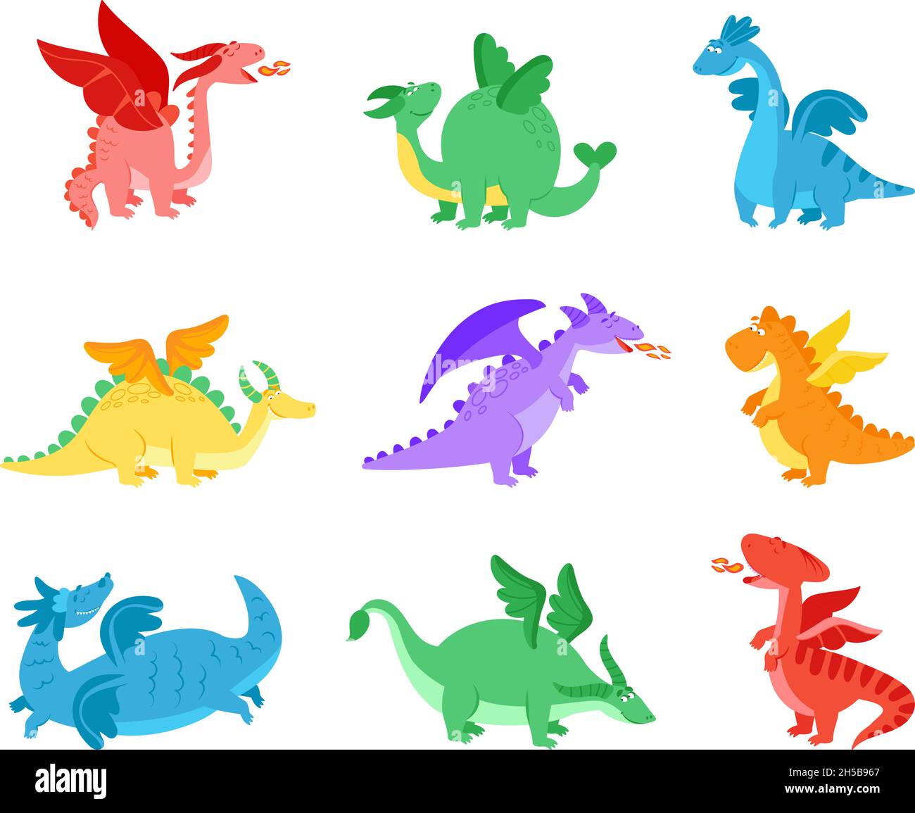 Cartoon dragons. Fairy tale dragon, funny reptile with wings. Cute ...
