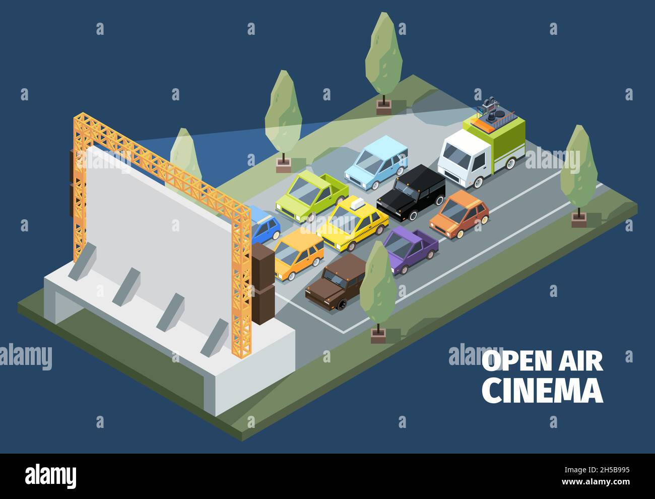Outdoor cinema. Isometric open space park people watching movies from ...