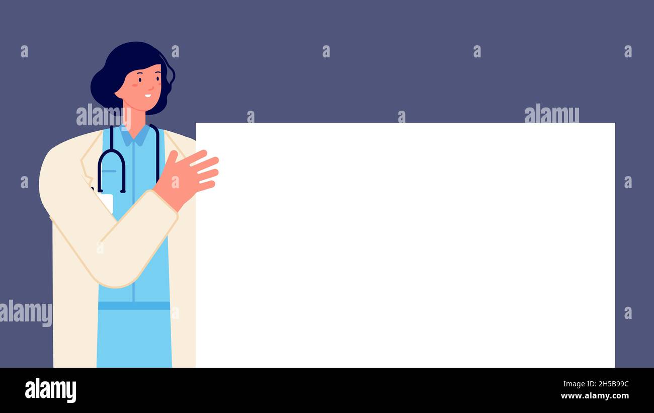 Doctor holding banner. Woman medical character with blank sheet, female ...