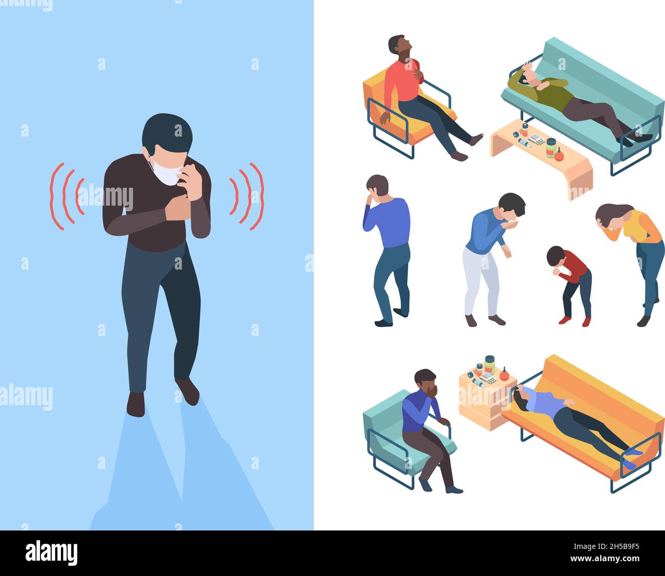 Flu symptoms. Sick people bacteria sneezing coughing garish vector ...