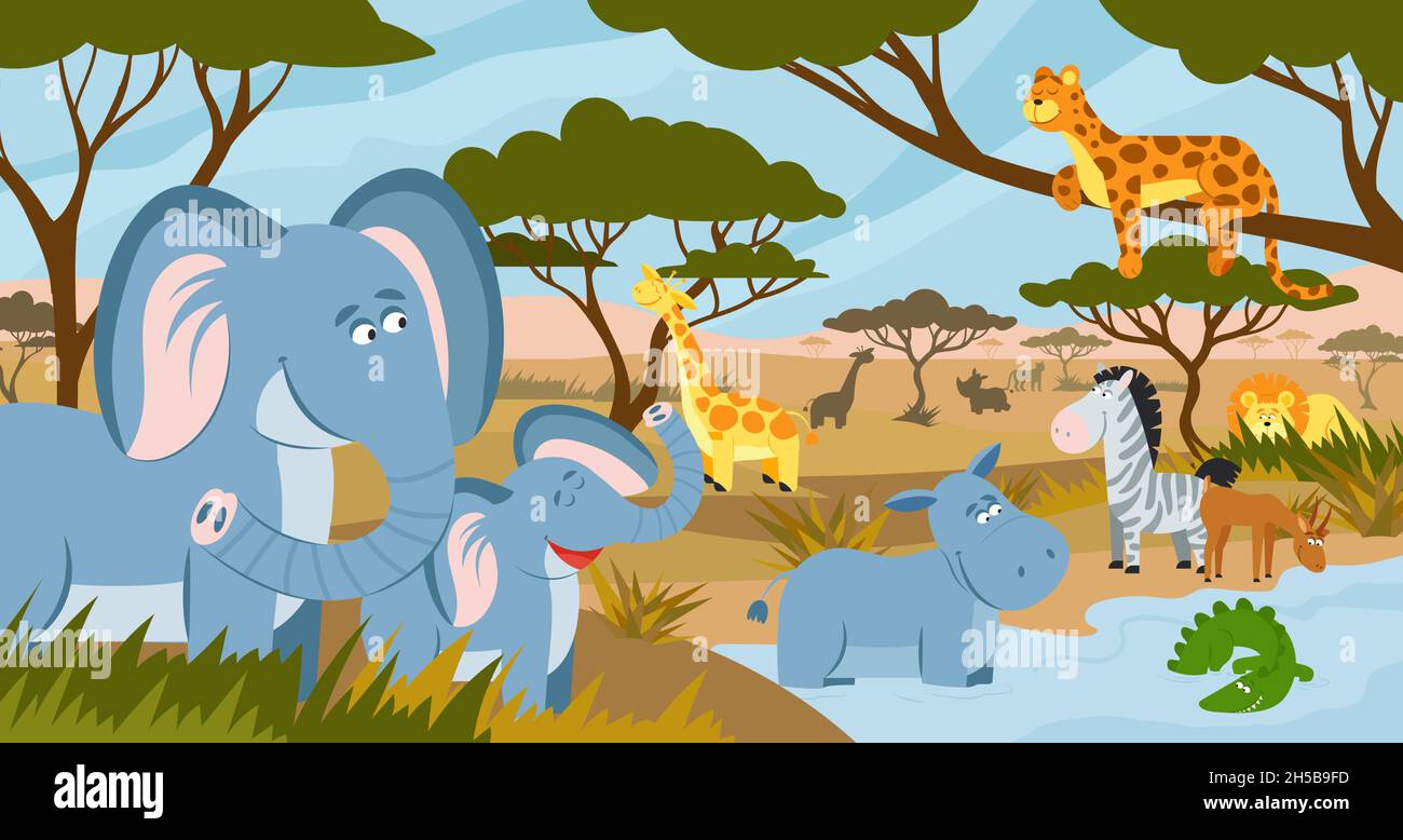 Savanna animals. African summer animals, savannah lands landscape ...