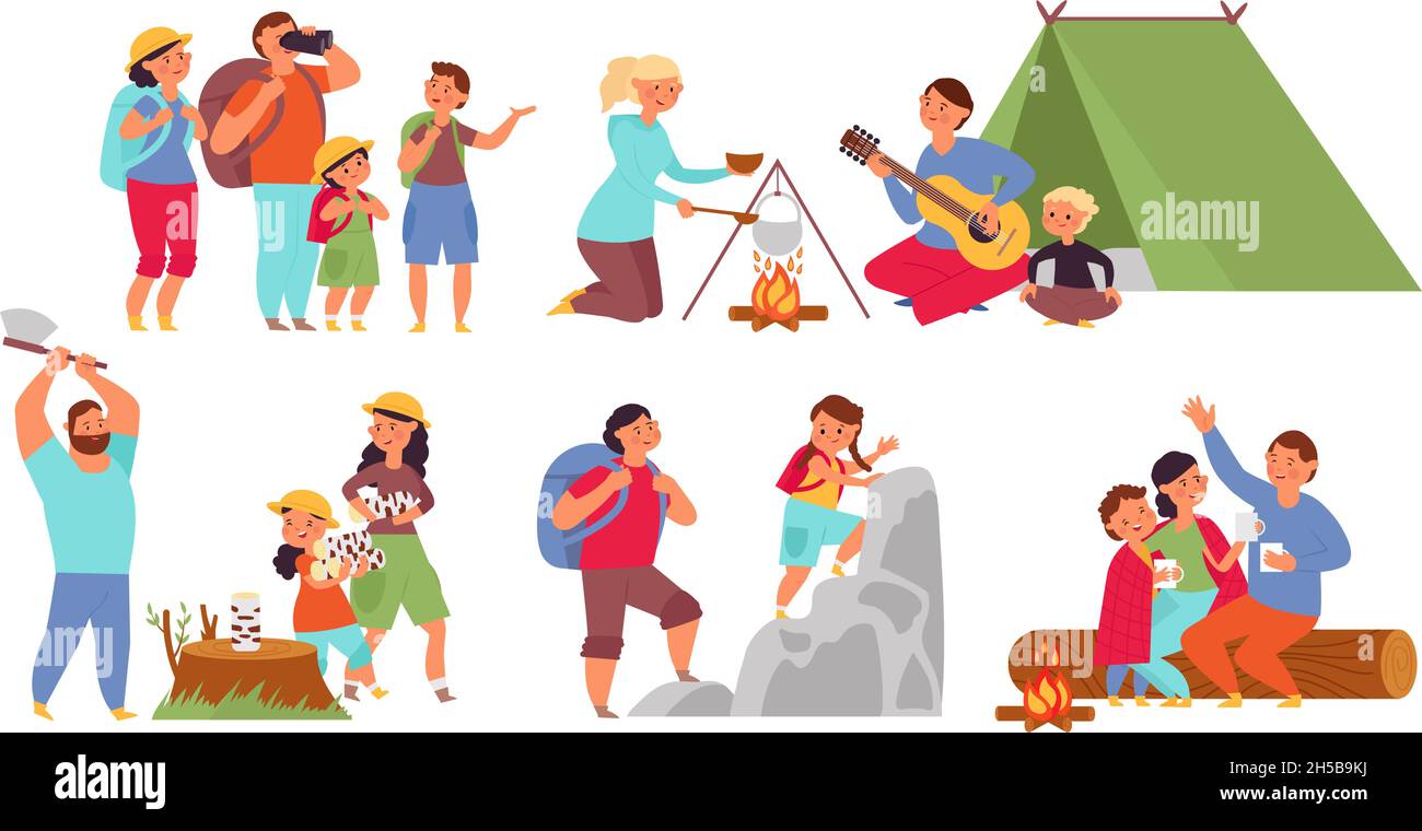 Cartoon hiking characters. Travelling people, funny woman travel with ...