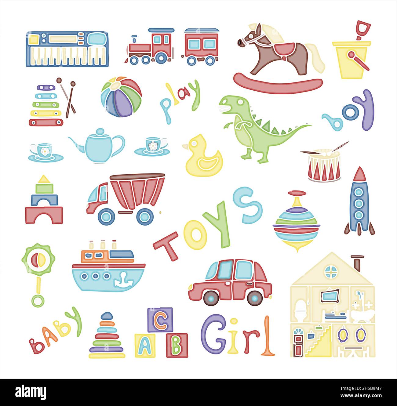 Vector toys doodle stickers set. Hand draw collection of toys icons for ...