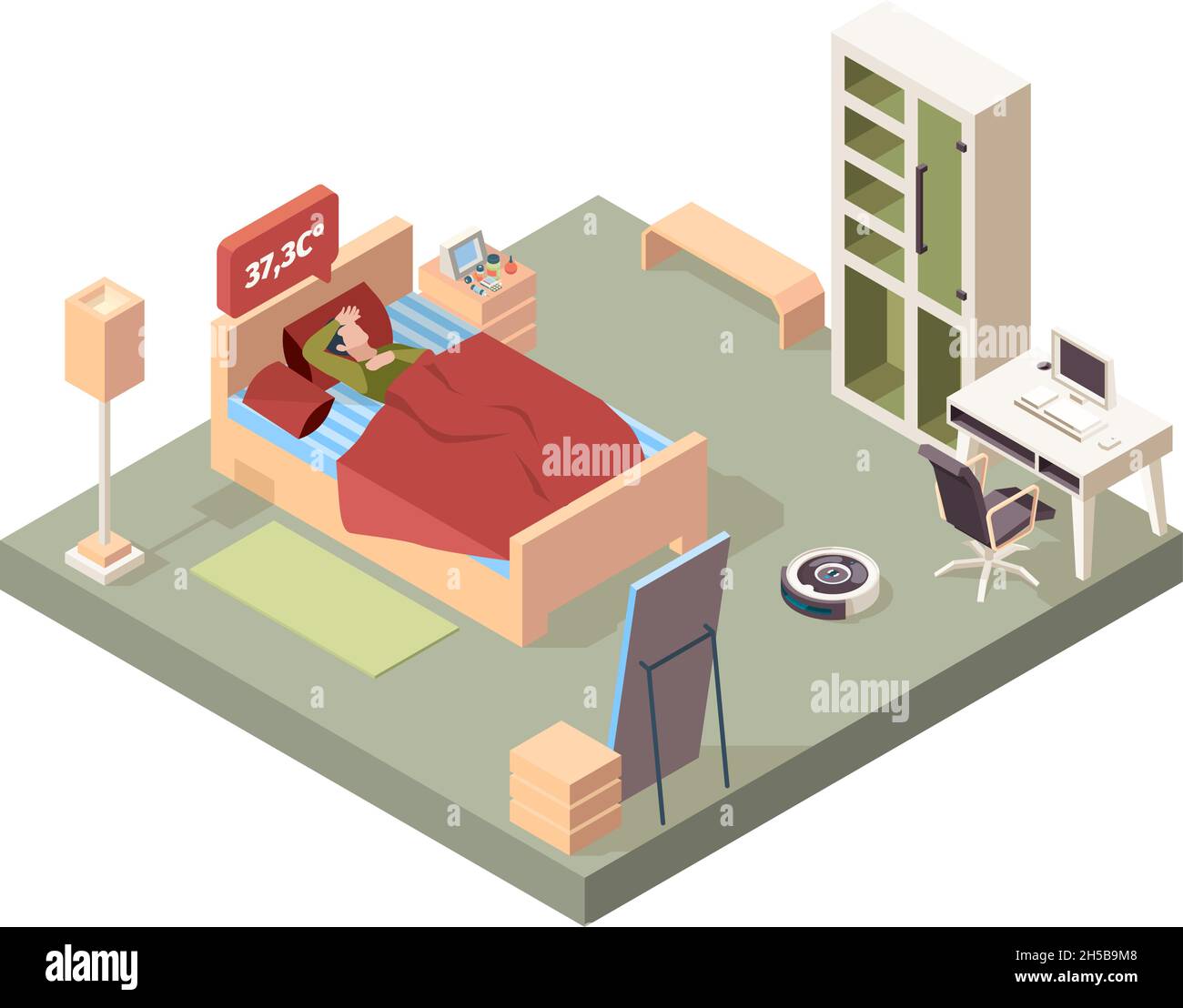 Sick people in bed. Flu character sneezing bad symptoms garish vector ...