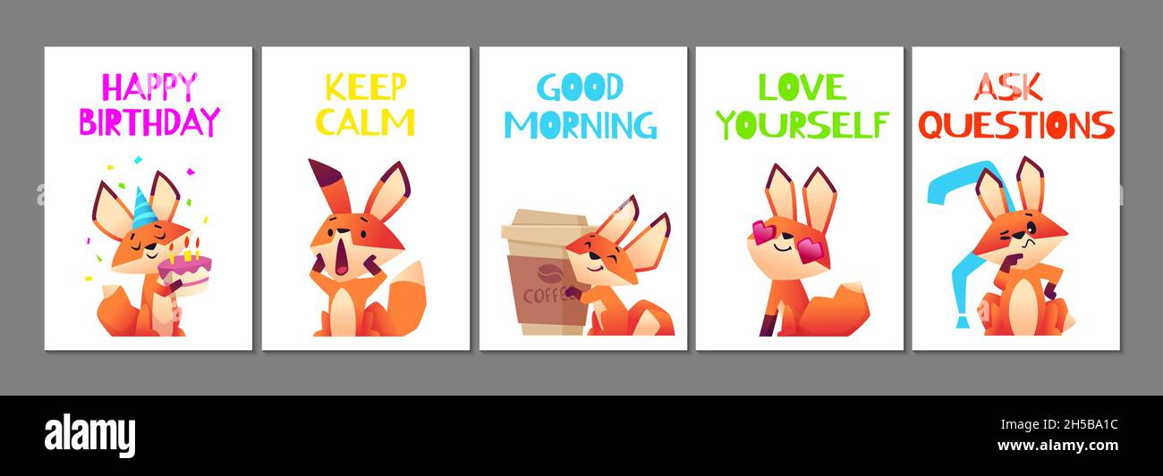 Wild cute fox cards. Positive cartoon animal banners, birthday love ...