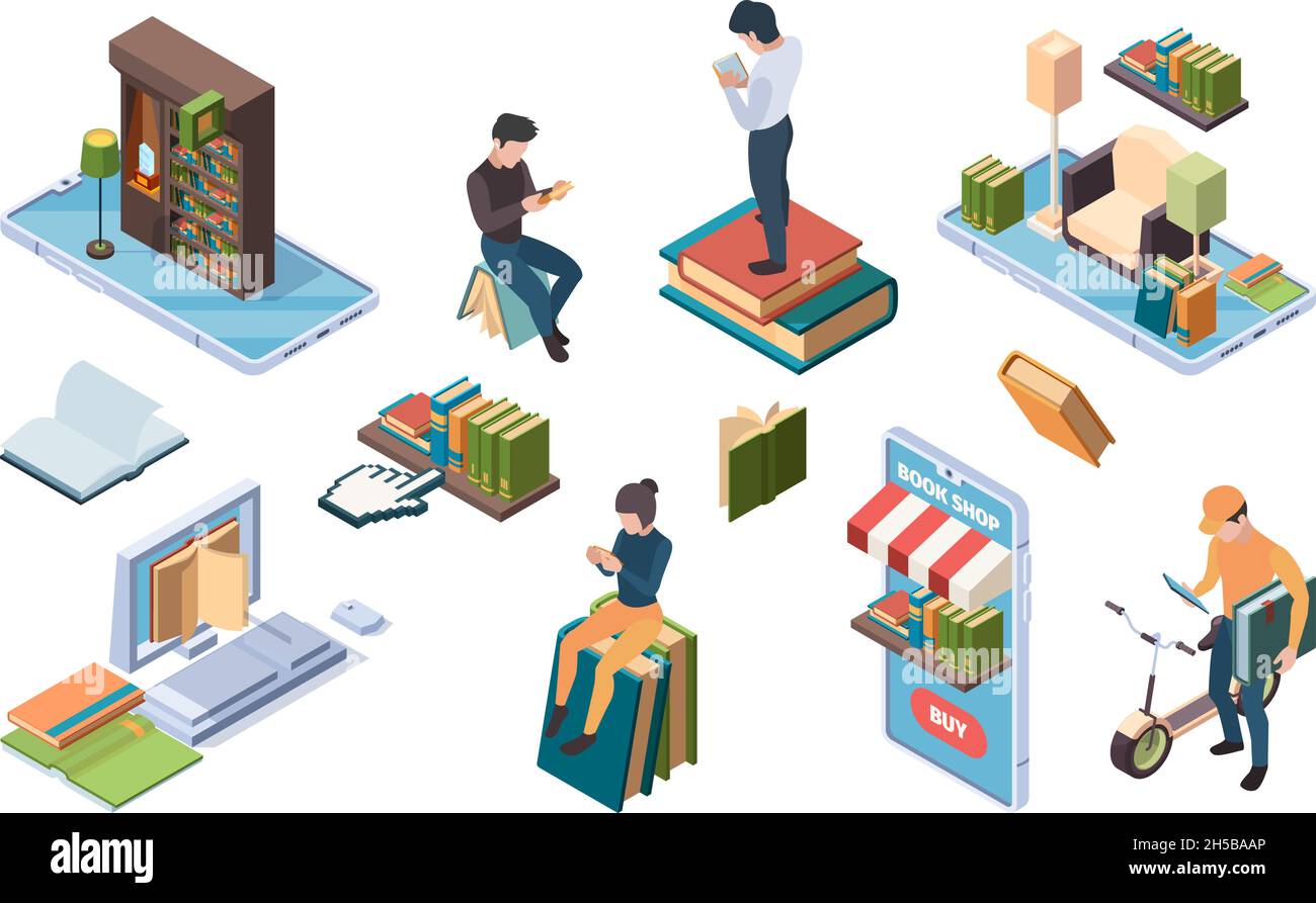 Online library. Isometric books people reading internet dictionary ...