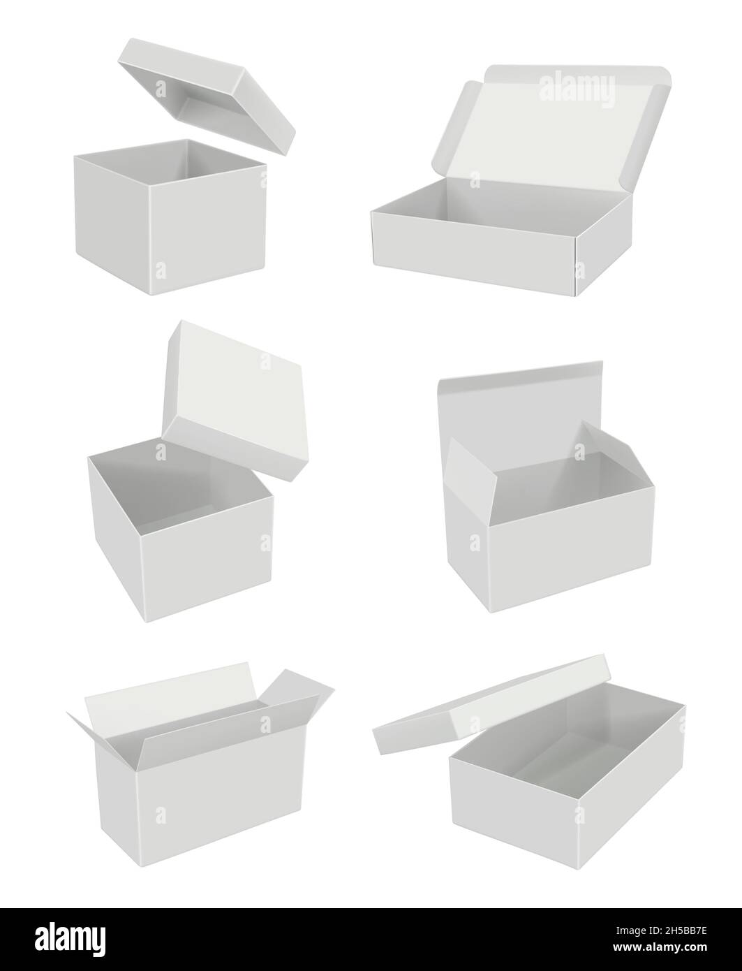 Opening blank boxes. Realistic mockup white cardboard gift packages ...