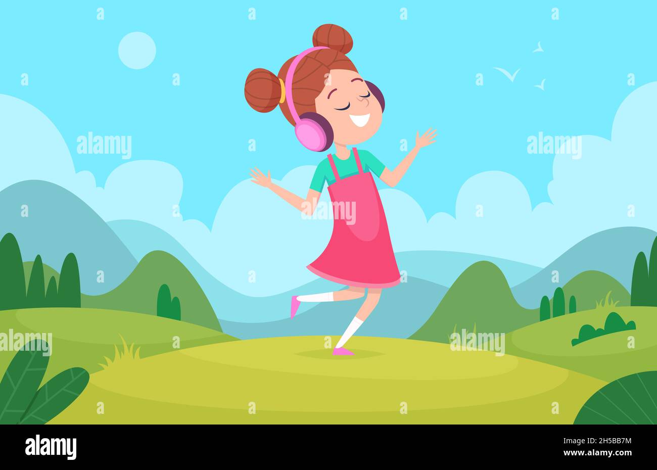 Kids in headphones. Young people listen music relaxing teens pleasure ...