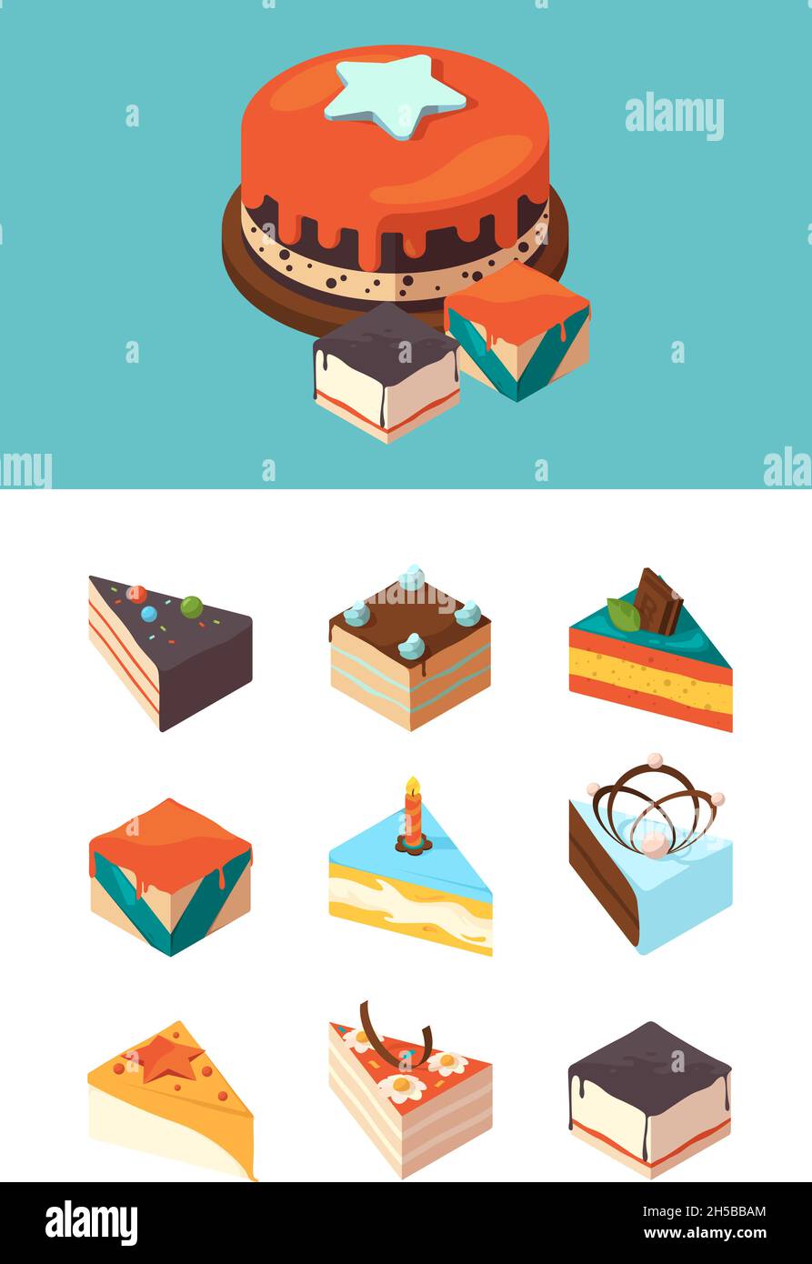 Isometric cakes. Delicious products sliced cake pieces garish vector ...