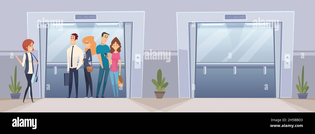 Business people in elevator. Open and closed elevators in office ...