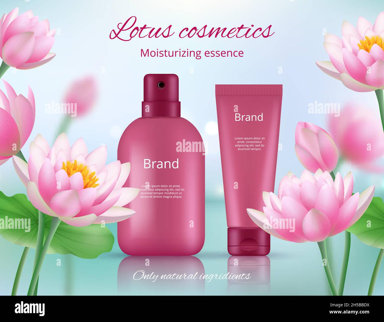 Cosmetic ads placard. Beautiful lotus flowers with packages of beauty ...