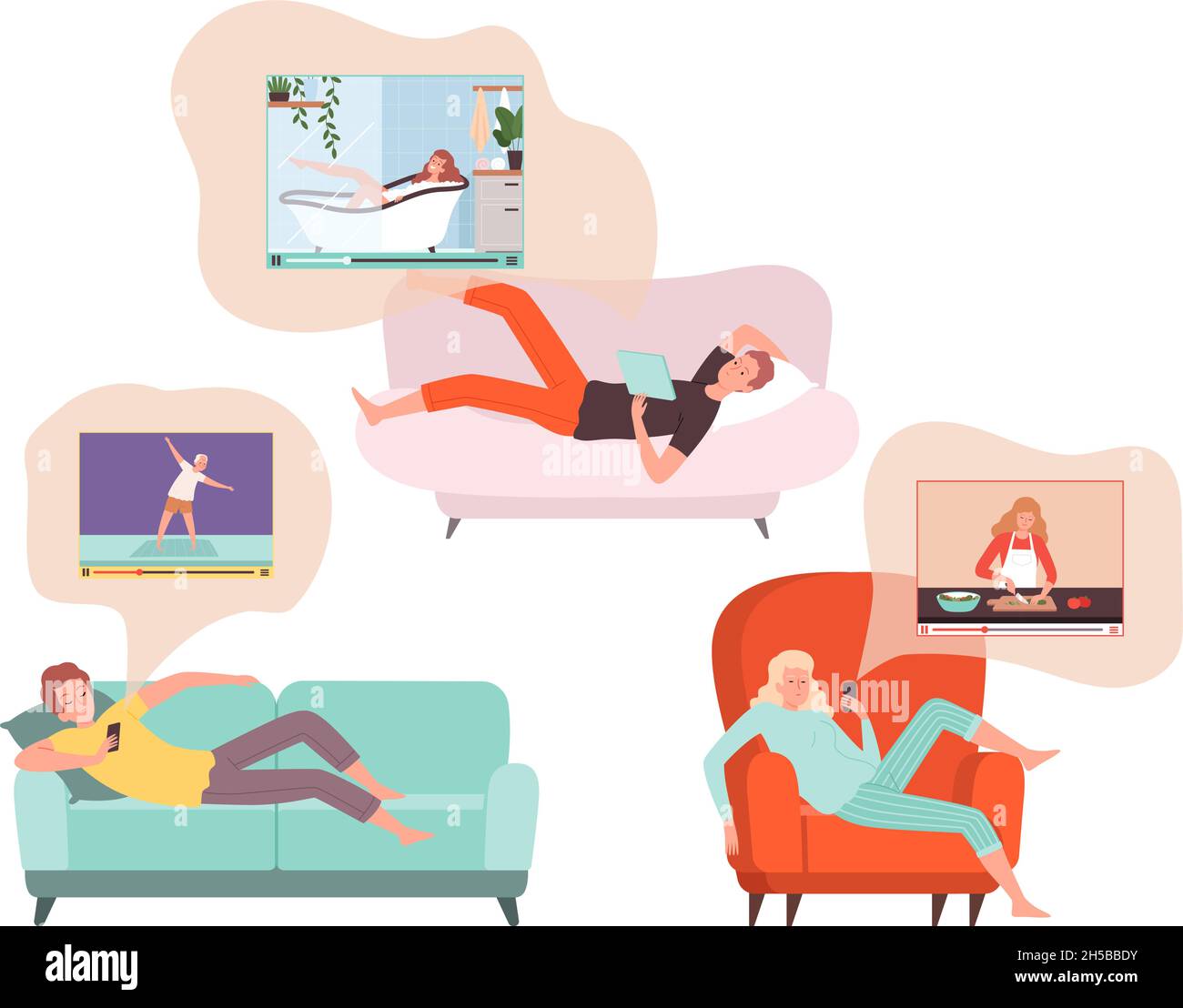 People watch podcasts. Tired man woman relaxed with smartphones and ...