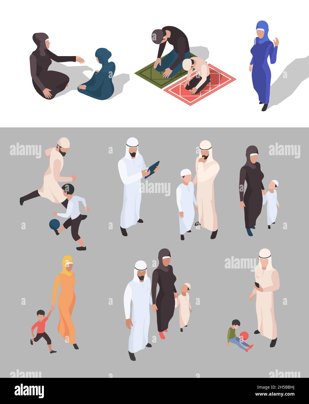 Muslim people. Isometric arab persons traditional big family islam ...