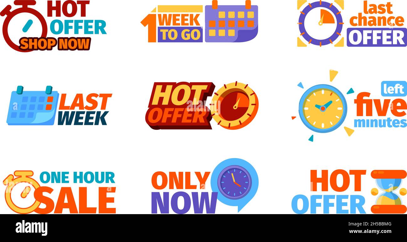 Countdown badges. Promotional hot offers symbols clocks hourly shopping ...