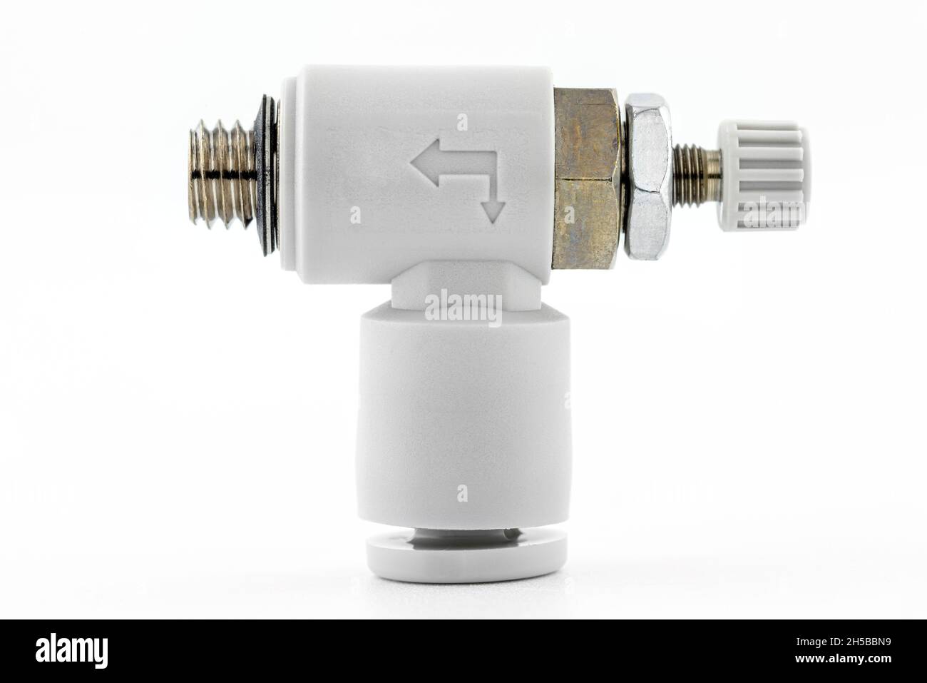 Macro image of a white adjustable air pneumatic elbow fitting with ...