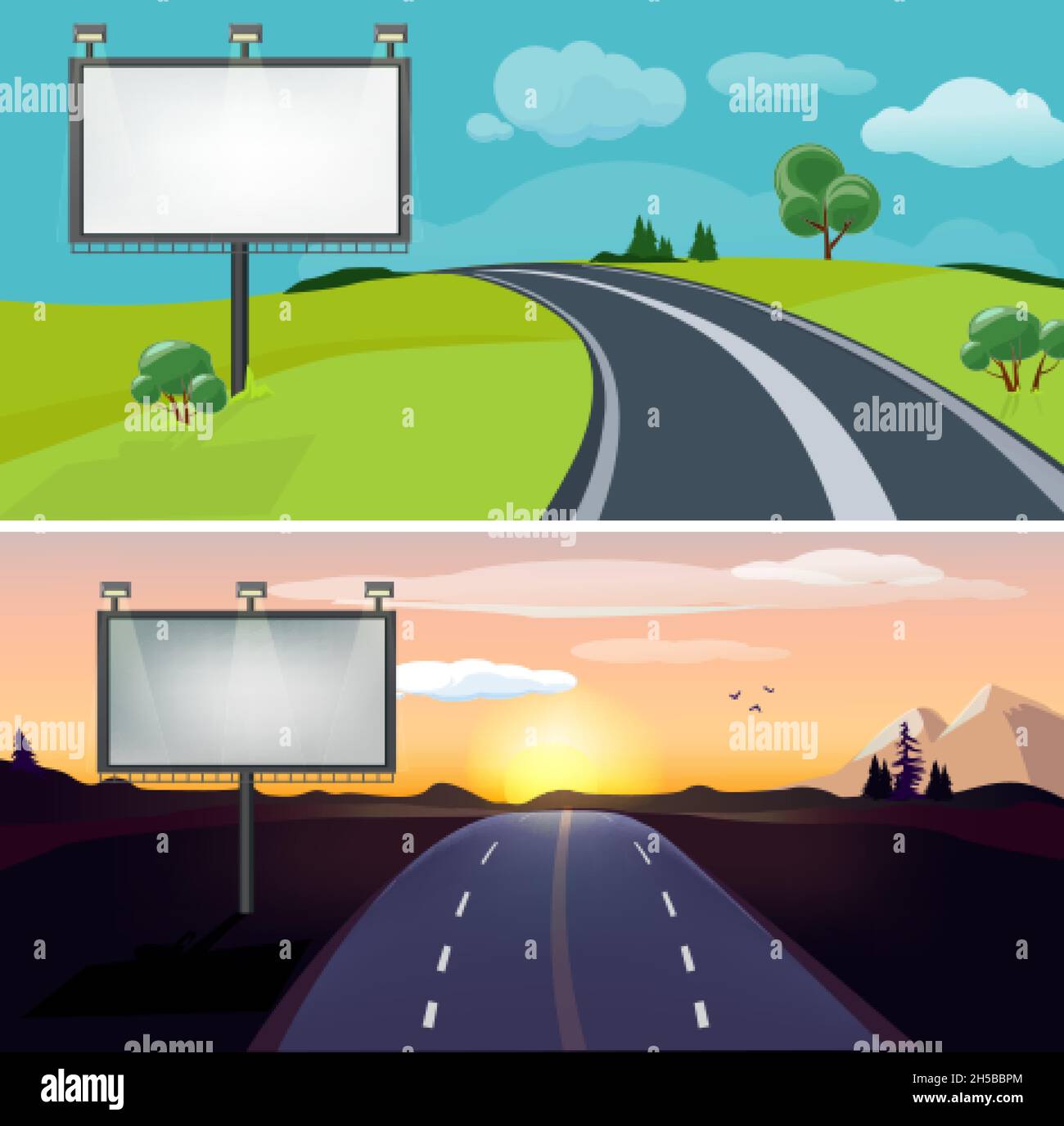 Road landscapes. Day night highway with blank billboard. Country ...