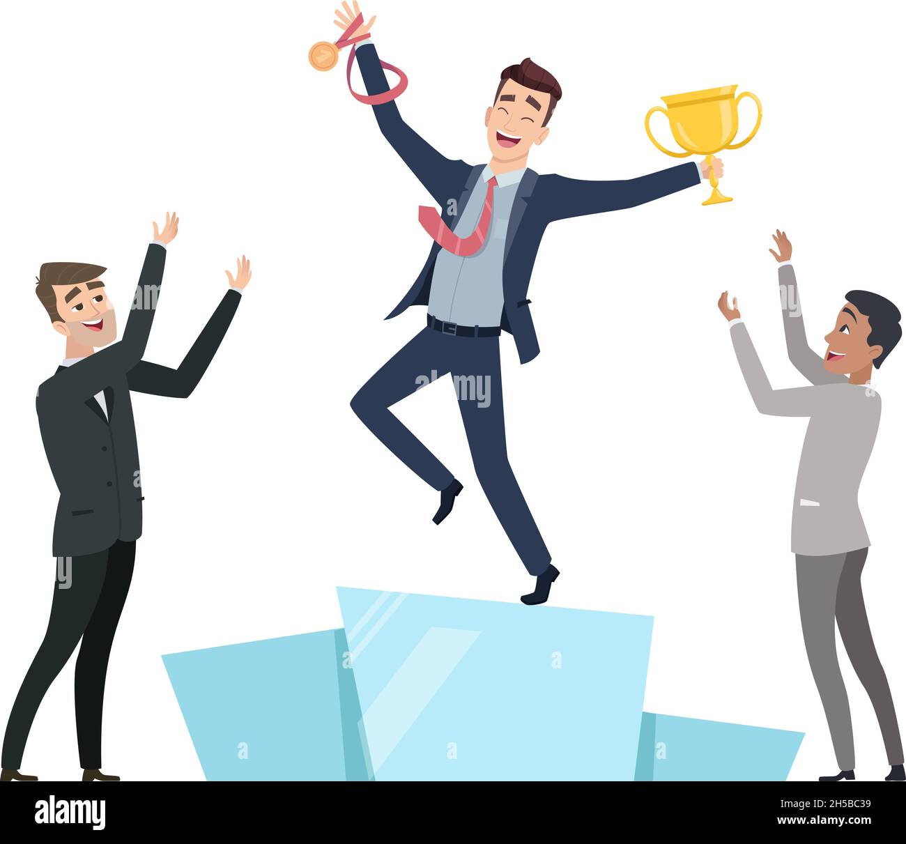 Business winner. Man win competition, manager with gold medal and ...