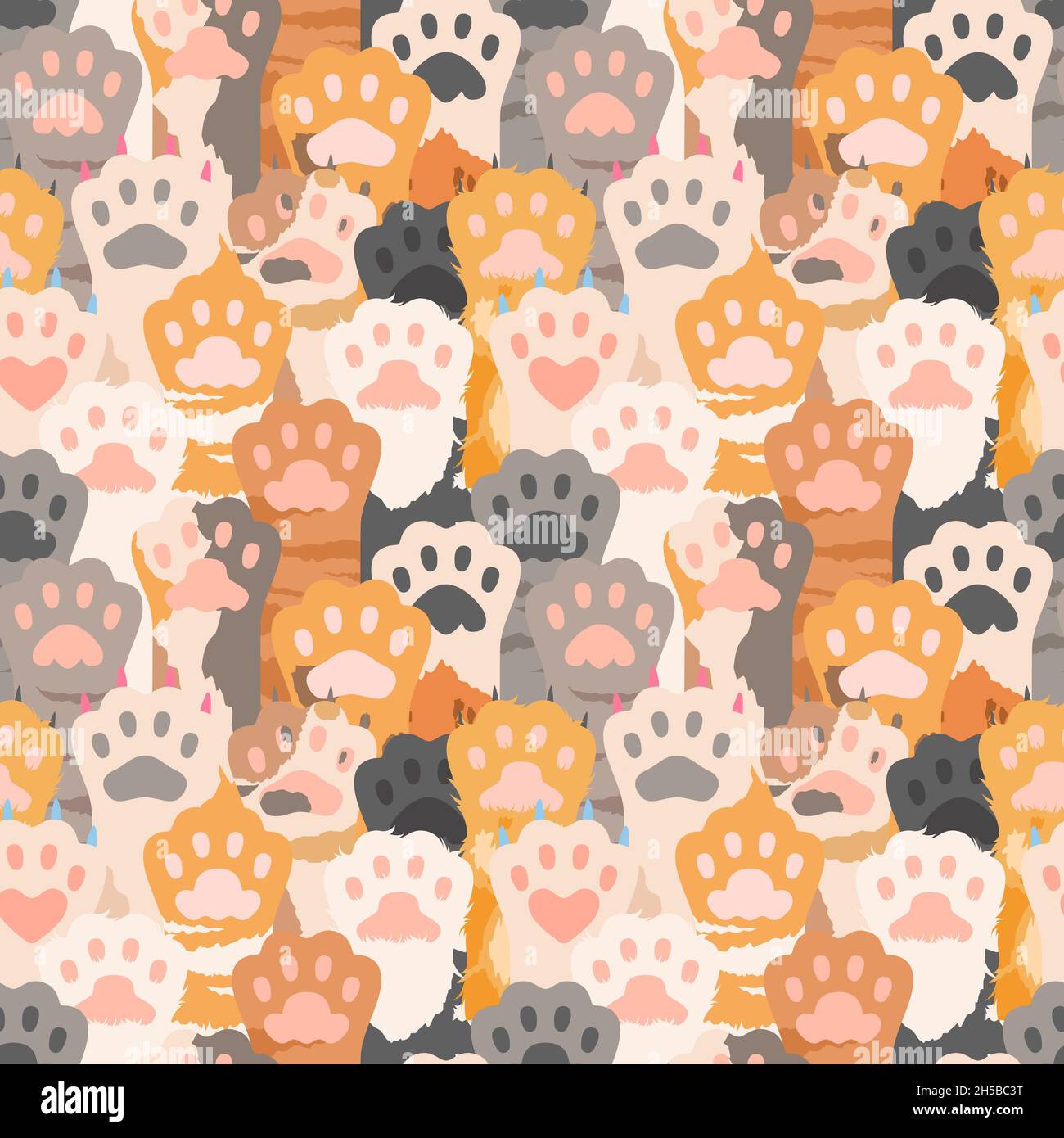 Cats paw pattern. Cute kitten foot background. Pets, wild animal vector ...