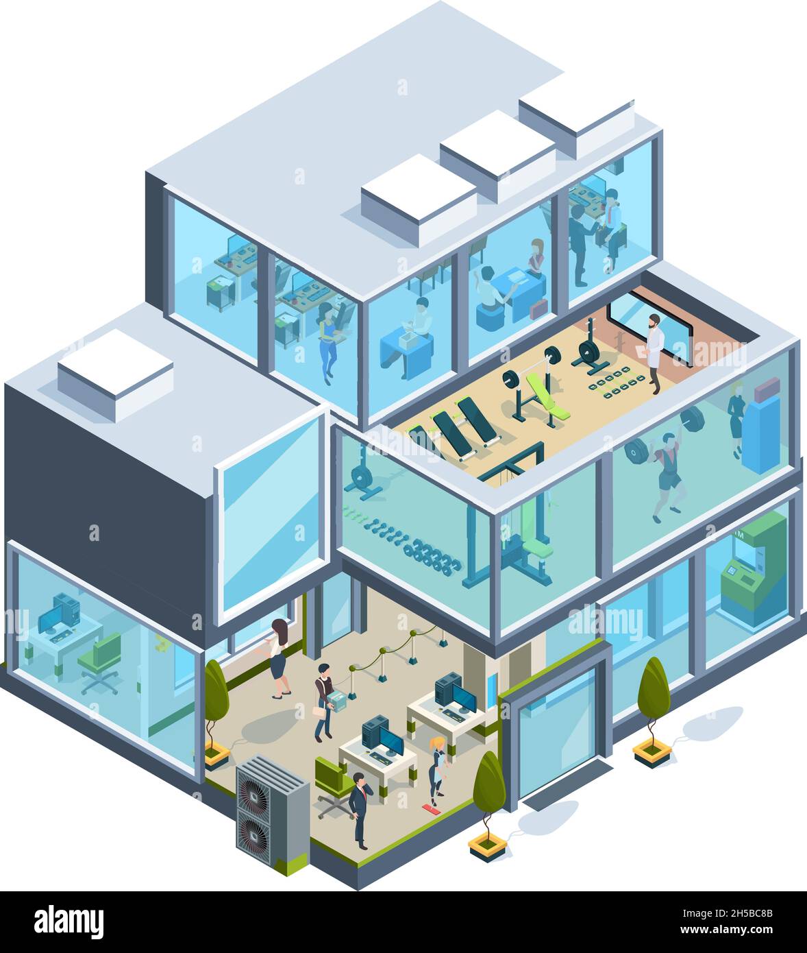 Business building isometric. Glass facade offices inside modern ...