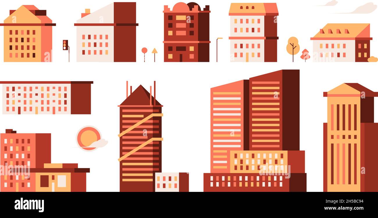 Flat houses. Simple urban buildings minimalism style garish vector ...