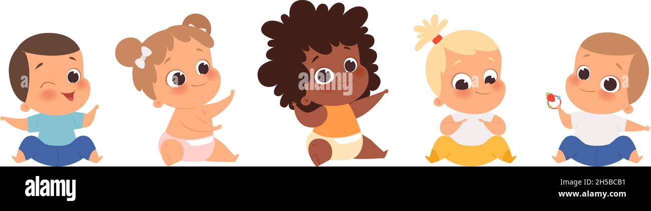 Baby group, multiethnic babies sitting. Isolated cartoon cute toddlers ...