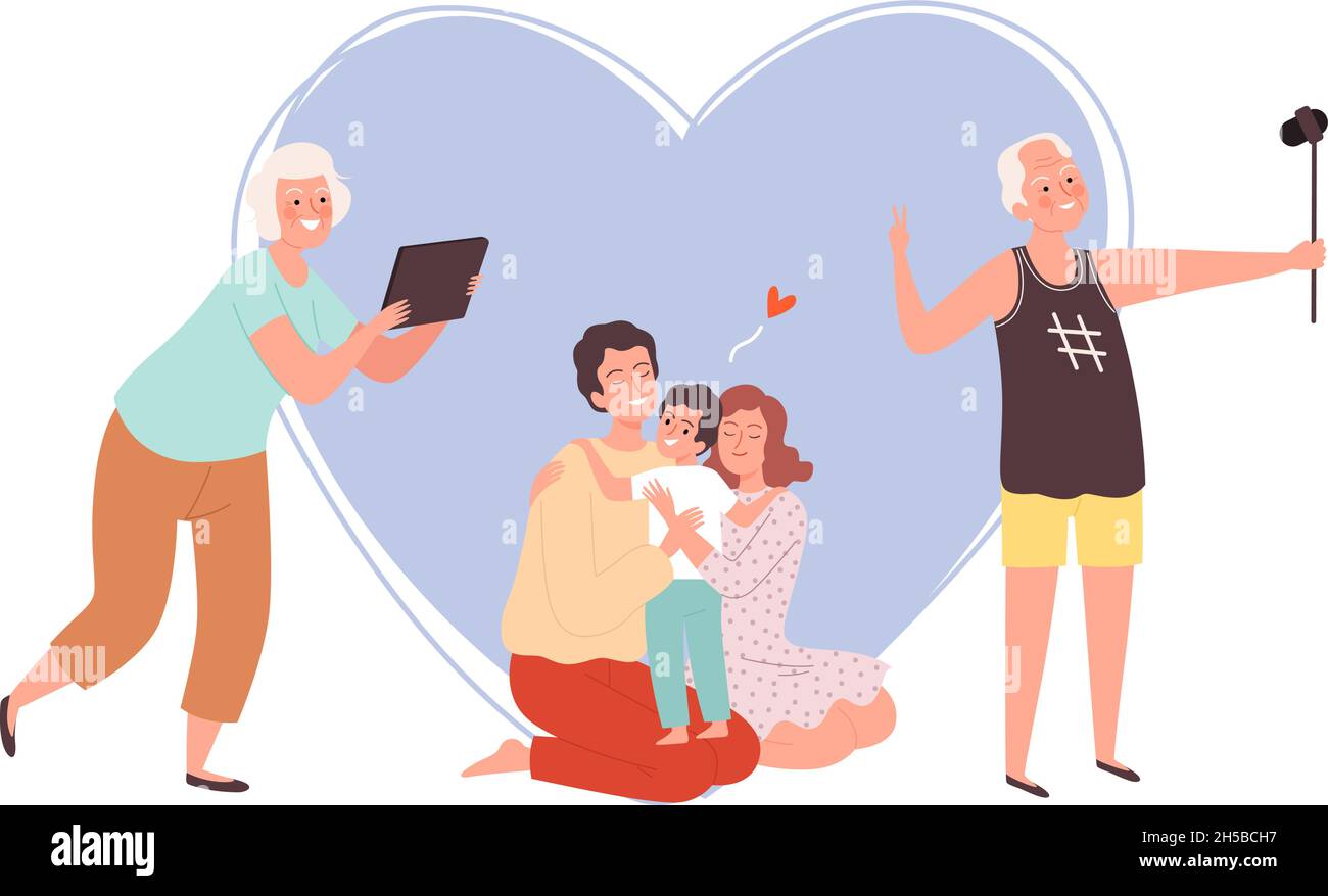 Family photo. Grandparents making image with phone and tablet, young ...