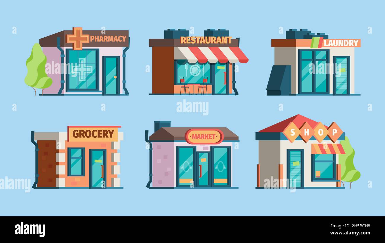 Urban stores. Retail shops in city exterior facade front view pharmacy ...