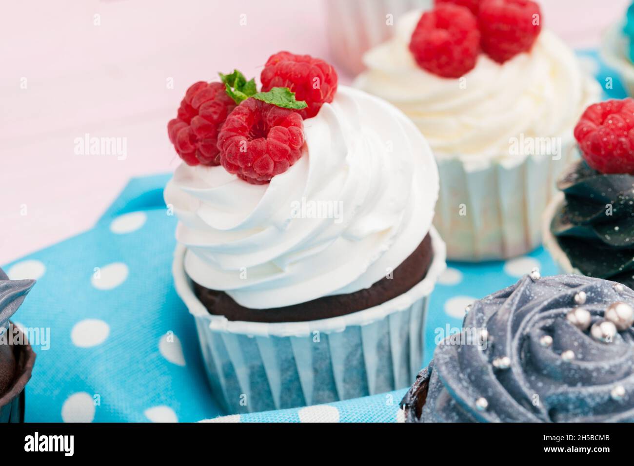 Cupcakes decorated with sprinkles and frosting - close up Stock Photo - Alamy
