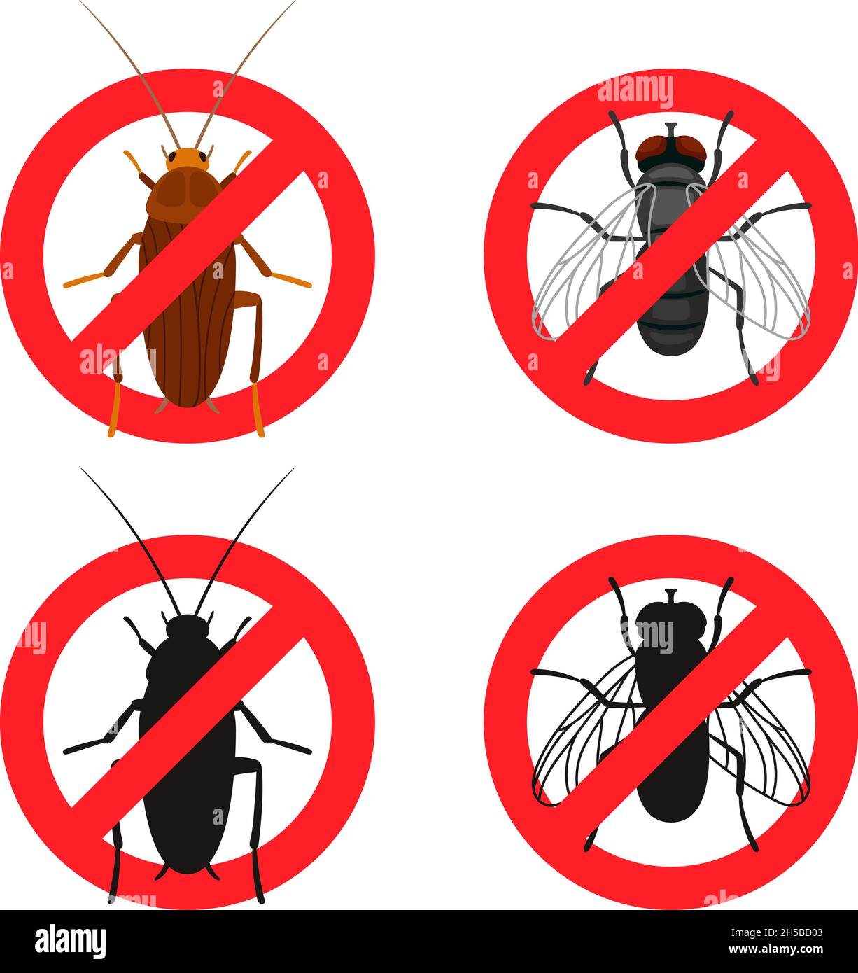 Insects warning signs. Red anti insects control symbols, stop pest ...