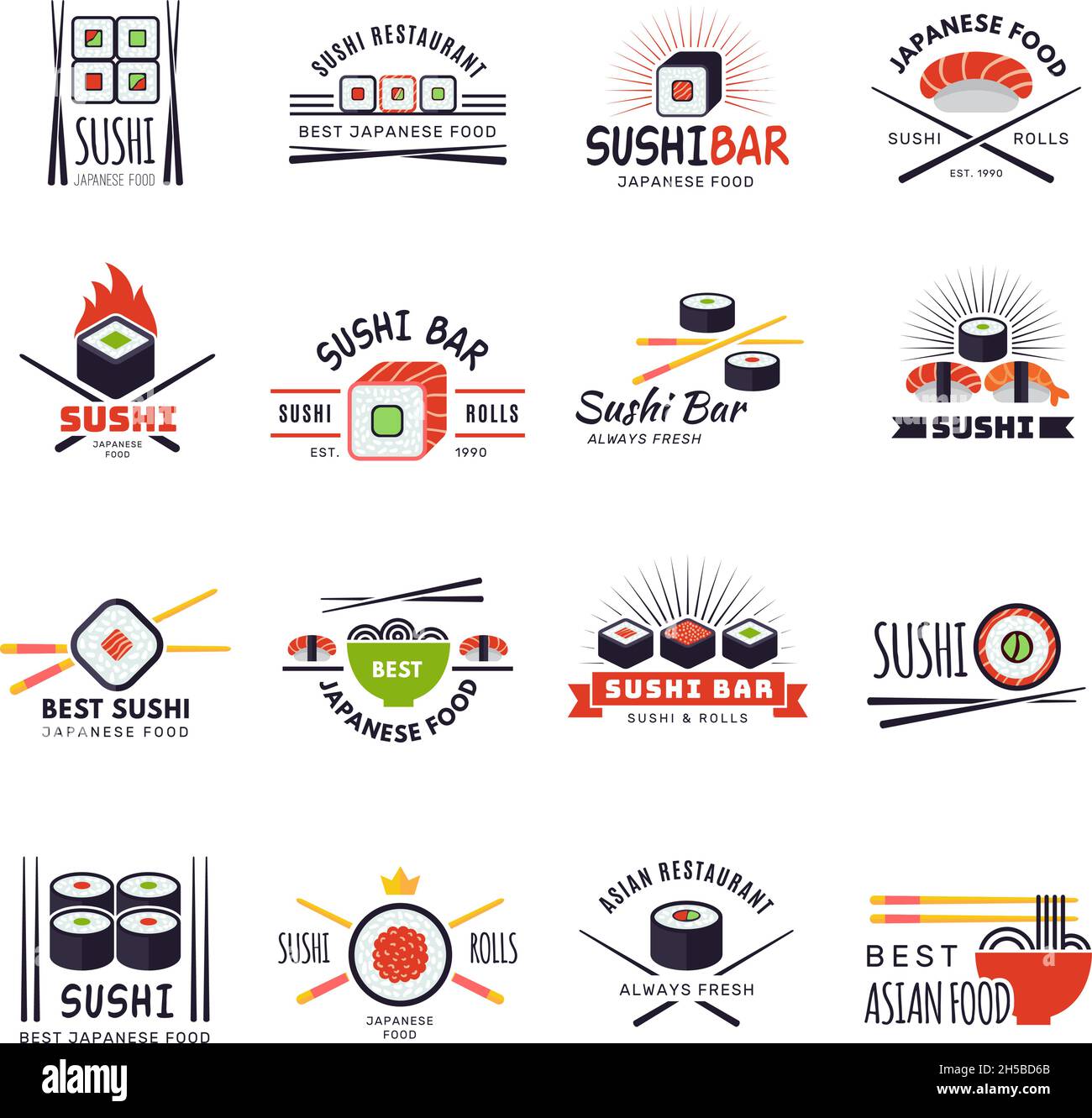 Sushi bar labels. Japan traditional seafood sushi rolls from salmon and ...