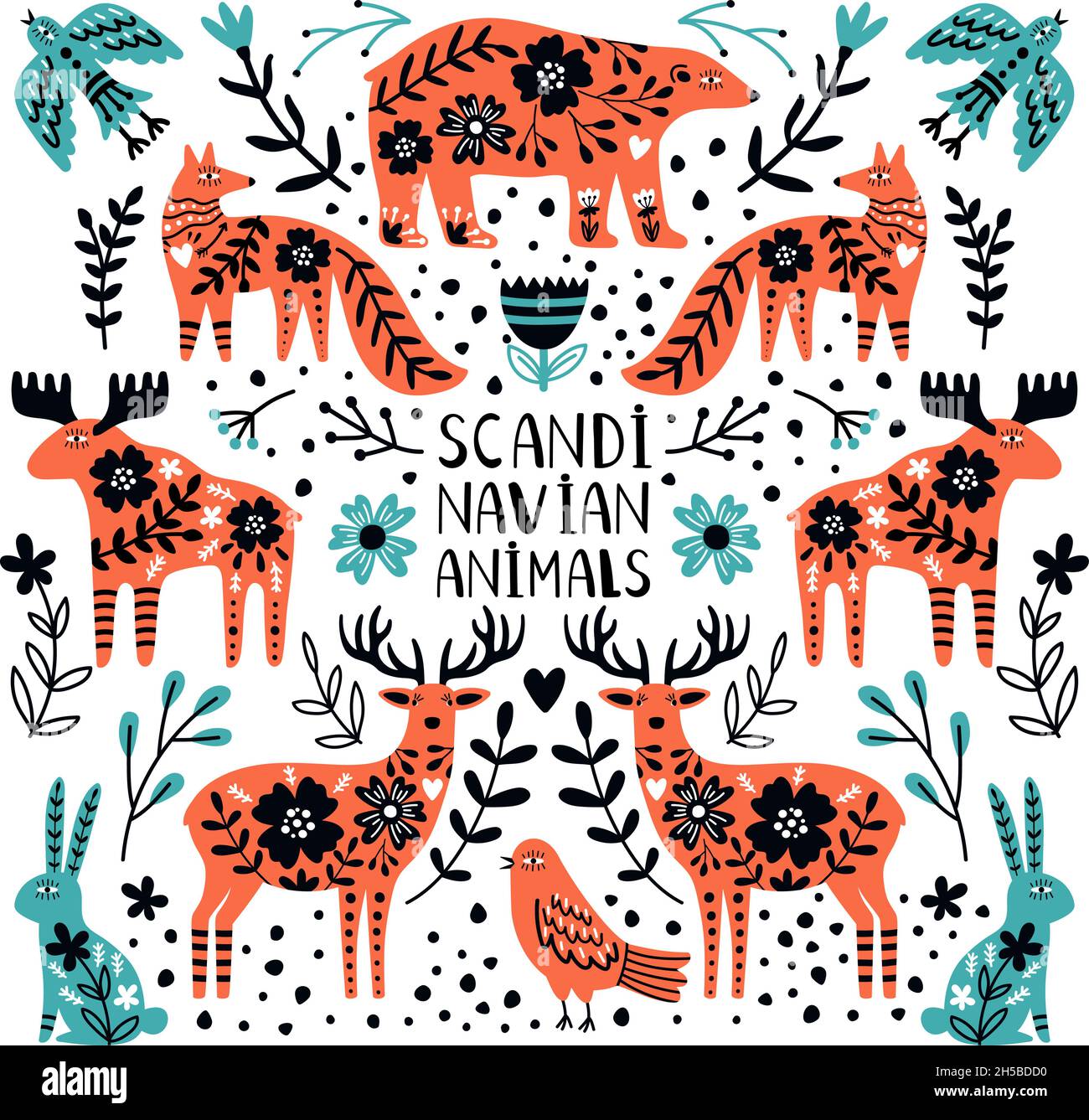 Cute animals of north. Scandinavian wild creatures, bear and deer ...