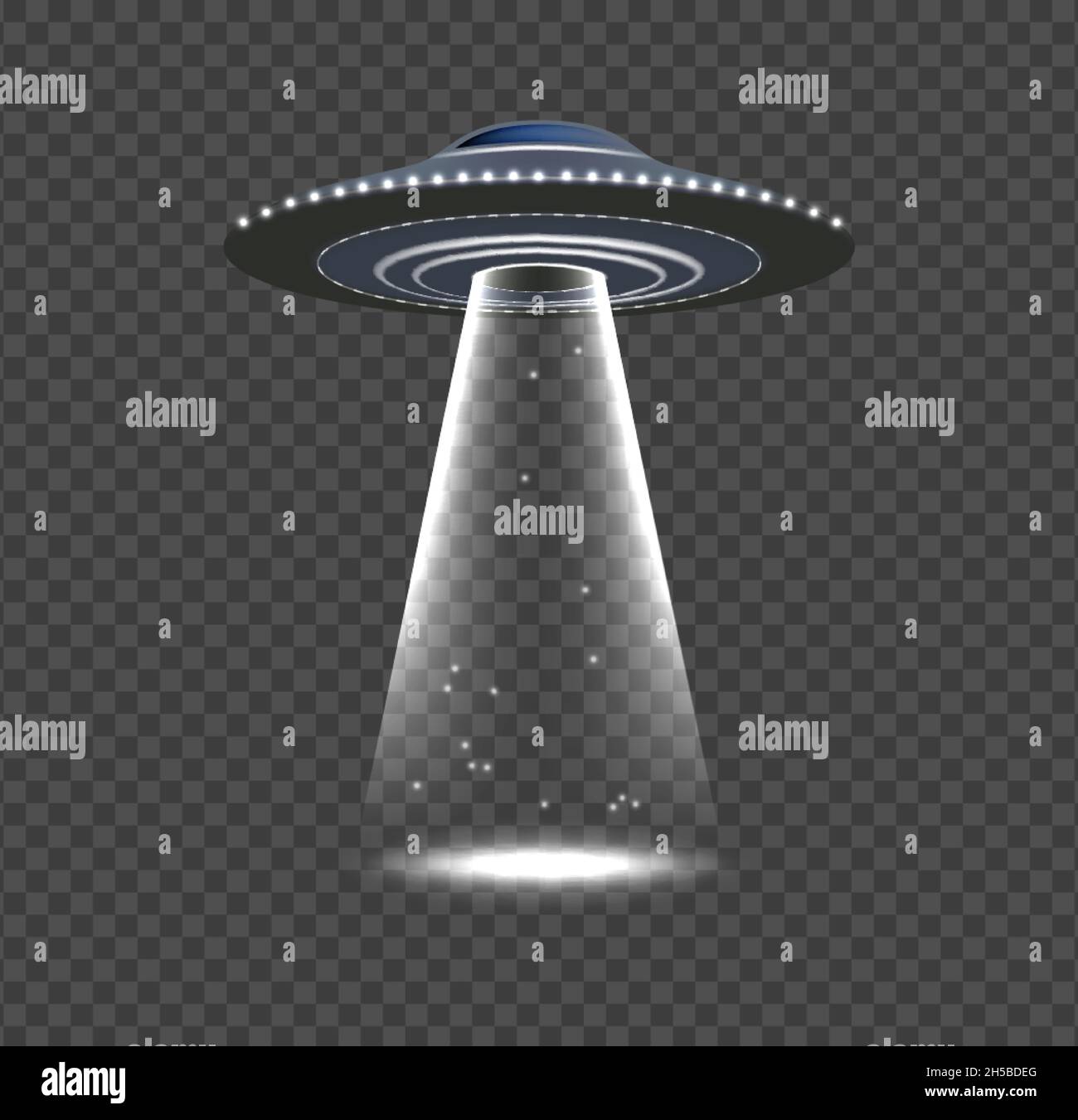 UFO invasion. Alien spaceship, realistic space object with rays. Flying ...
