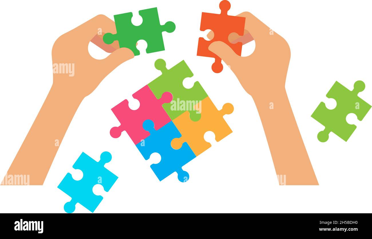 Hands hold puzzle. HR or collaboration concept, home simple game ...