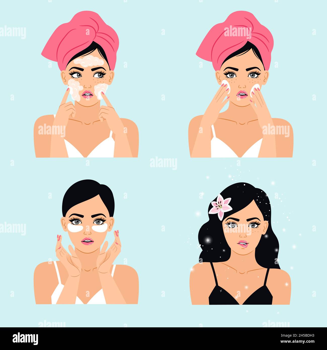 Clean beauty routine. Cartoon young romantic lady uses cleansing ...