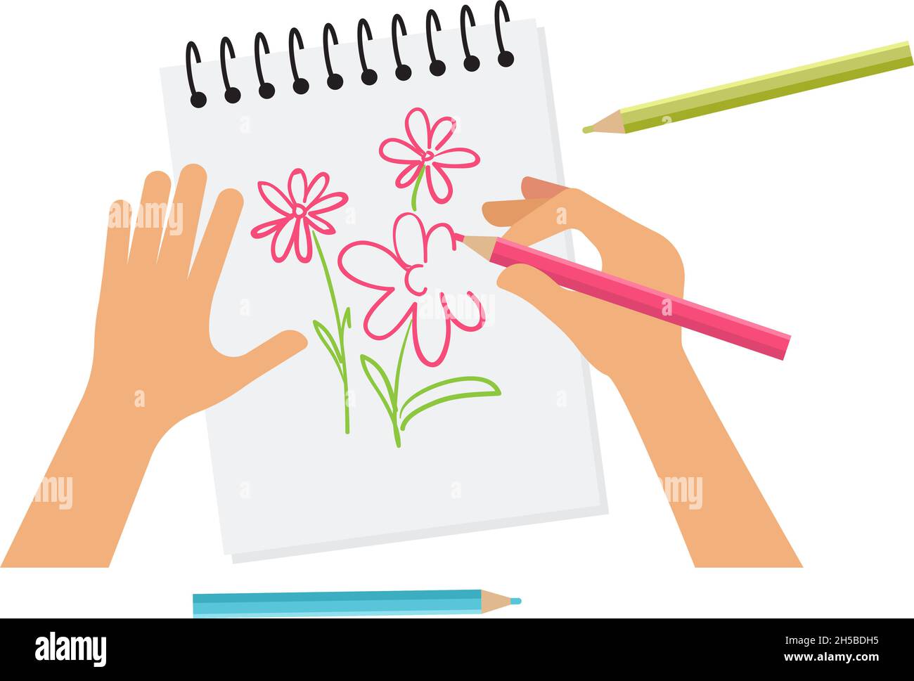 Kids lab. Painting workshop, hands hold paint brush. Child drawing in ...