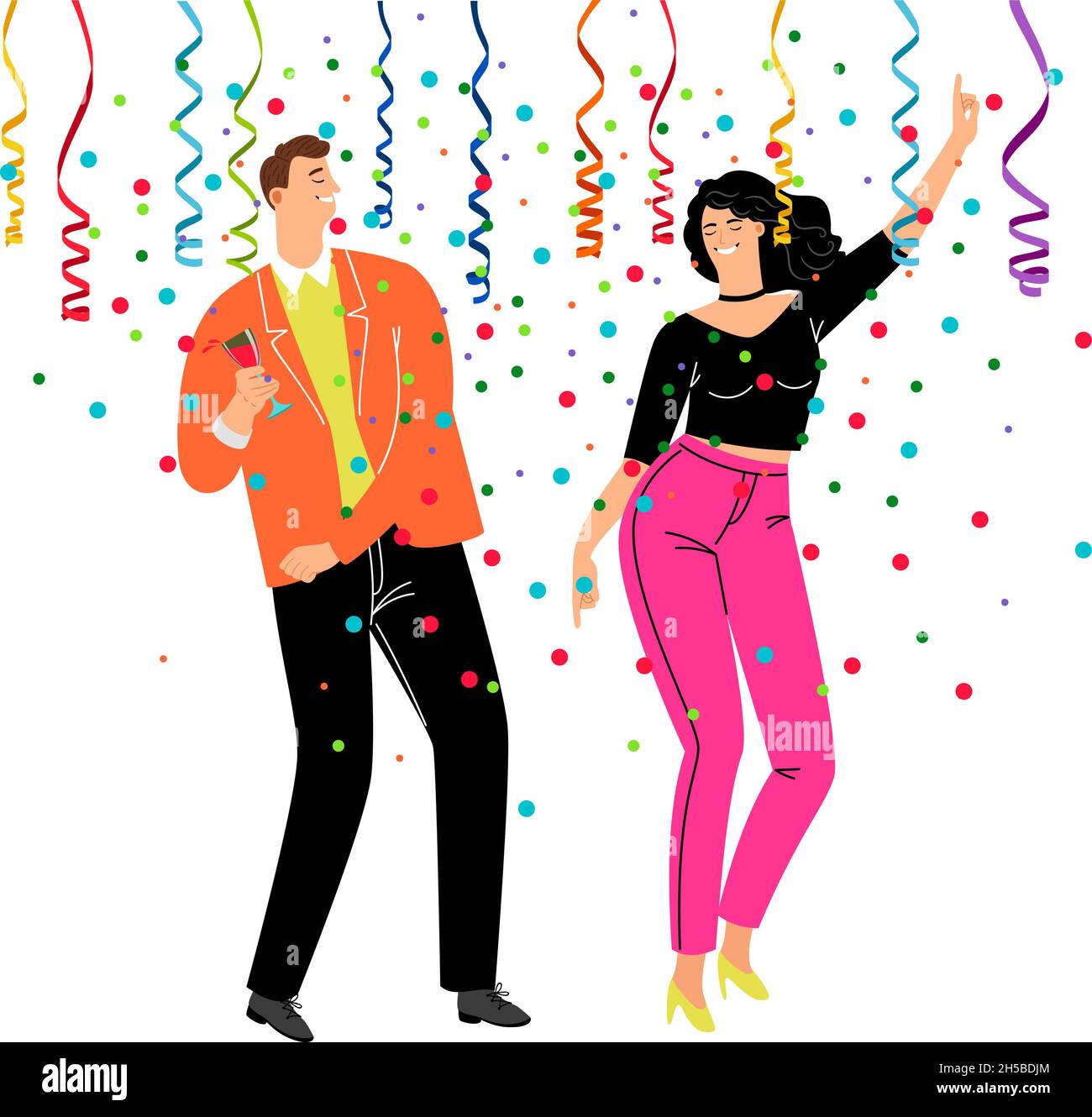 Corporate confetti party. Cartoon trendy couple celebrating and dancing ...