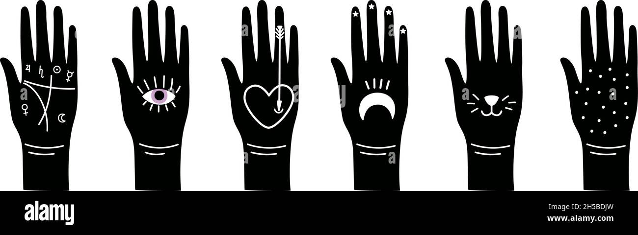 Black magic hands. Magical occult symbols on arm, hand silhouettes ...