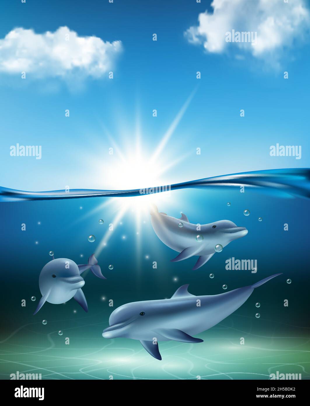 Underwater dolphin. Ocean kind swimming big fishes dolphins playing sea ...