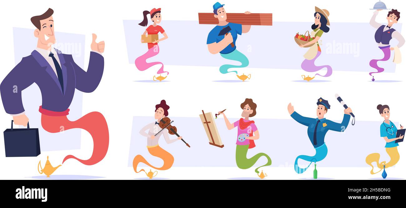 Fantasy genie. Fairy tale funny characters in clouds from smoke living ...