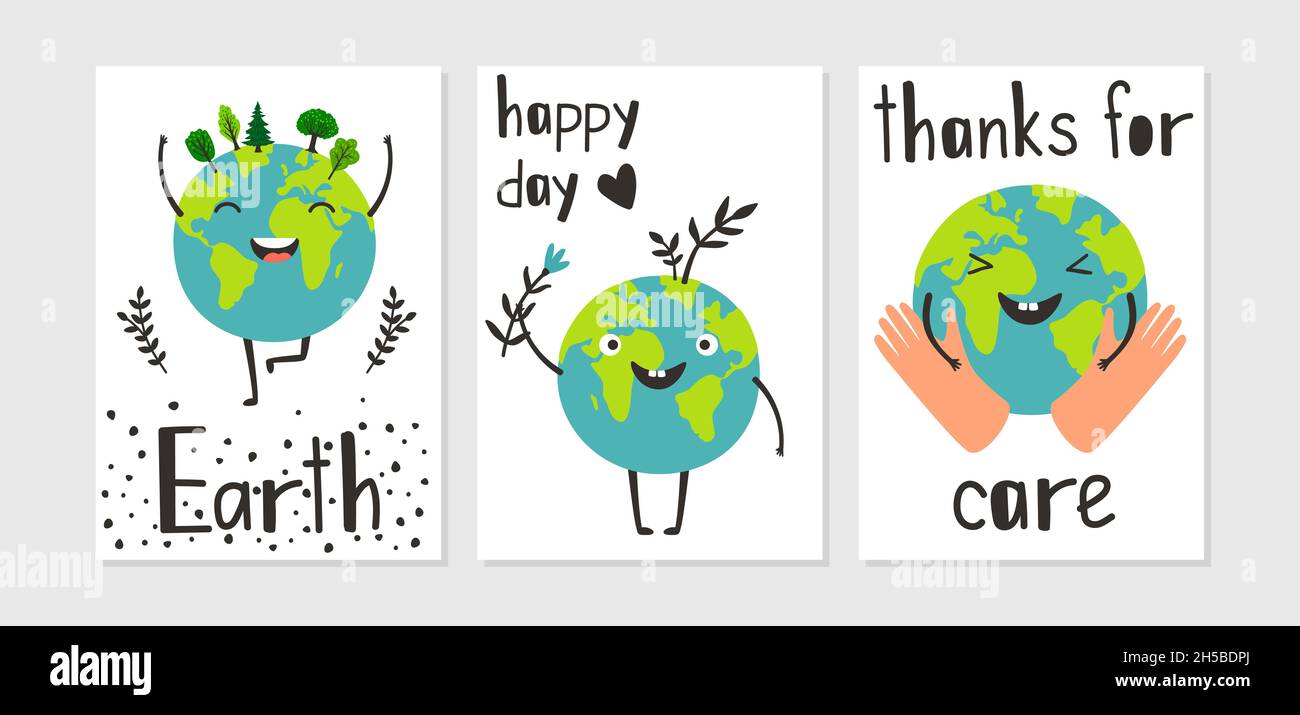 Happy planet poster. Earth care, cartoon eco cards with nature and ...