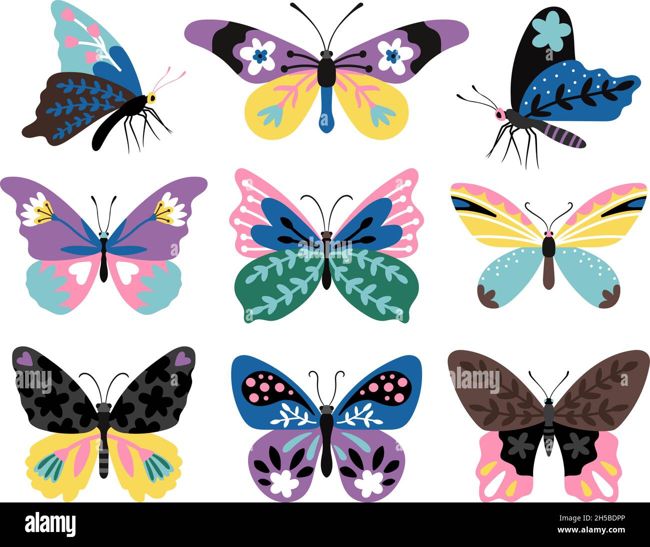 Color drawing butterfly set. Stylized multicolor butterflies and moths ...