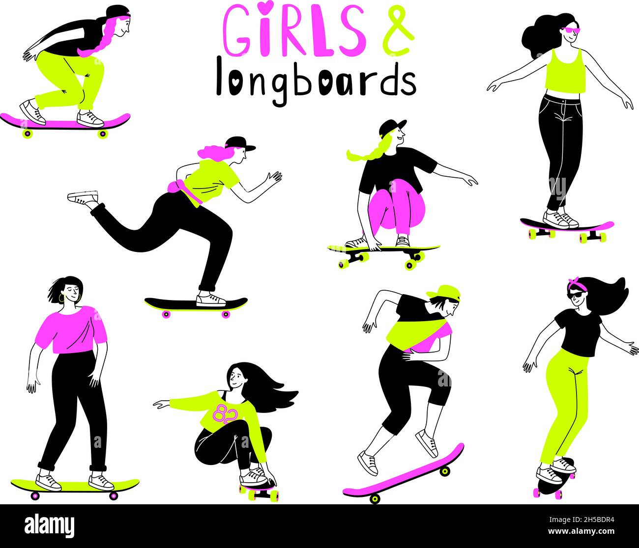 Persons on longboards. Cartoon female teenagers on boards, jumping and ...