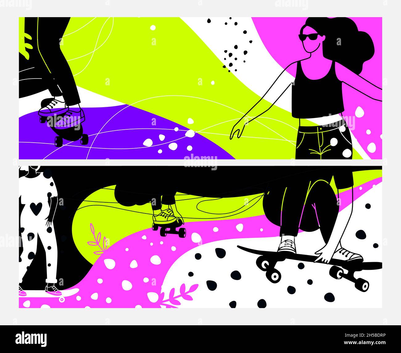 Drive girls. Skateboarding, teenager on longboard neon banners ...