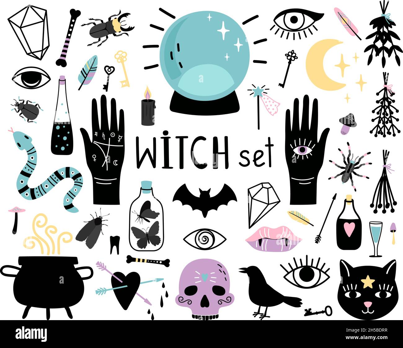 Witch magic elements. Hand drawn collections for wizard, cauldron with ...