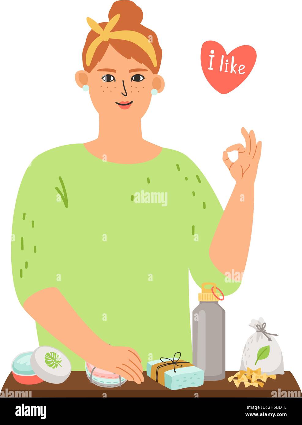 Girl like zero waste. Young woman and cosmetics, reusable bottle and ...