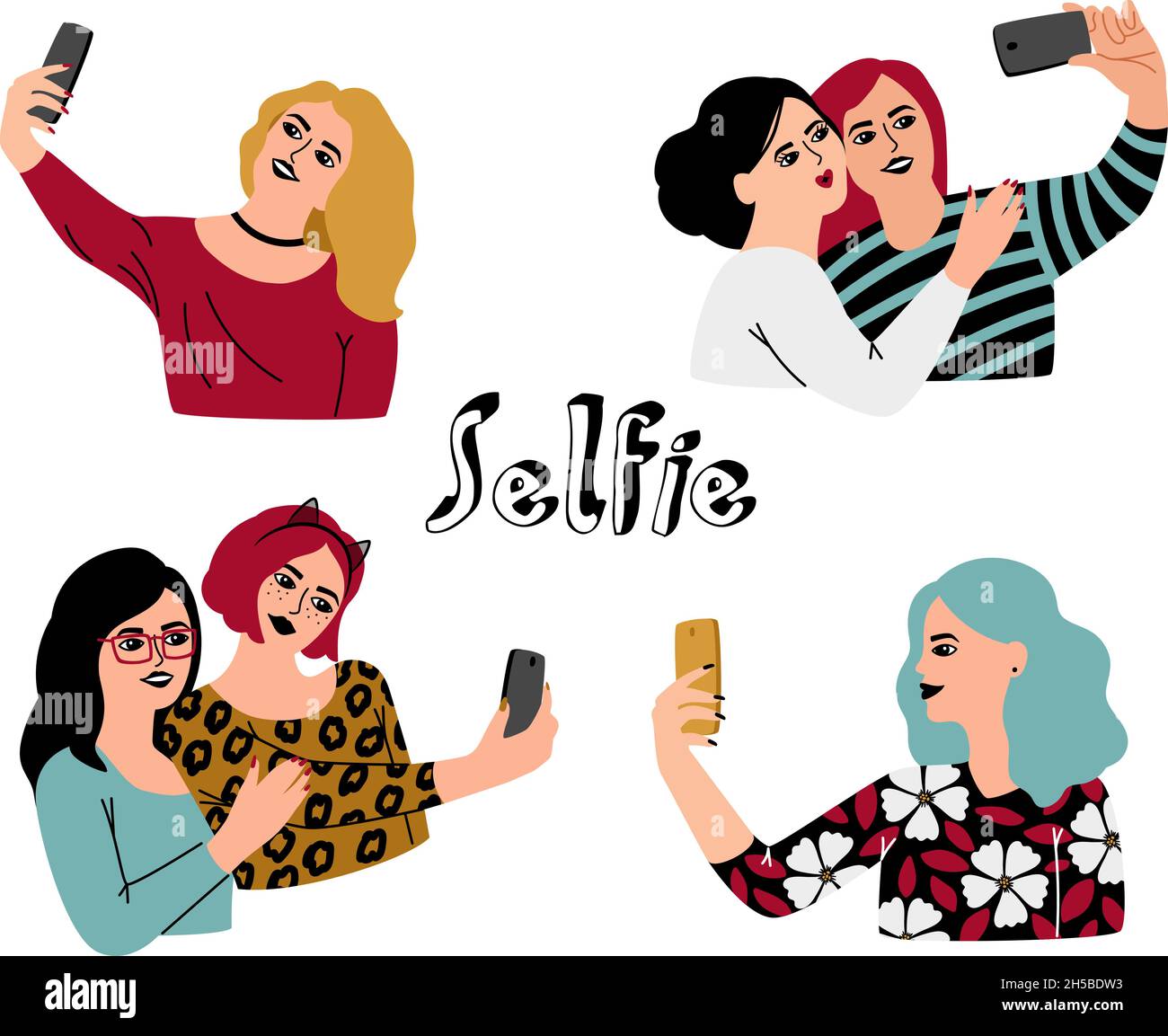Cartoon selfie set. Young happy female characters holding smartphones ...