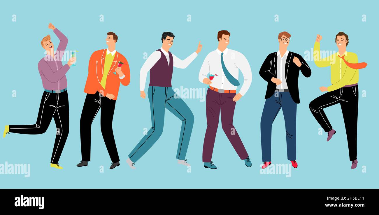 Corporate men party. Cartoon happy friends dancing in trendy costumes ...