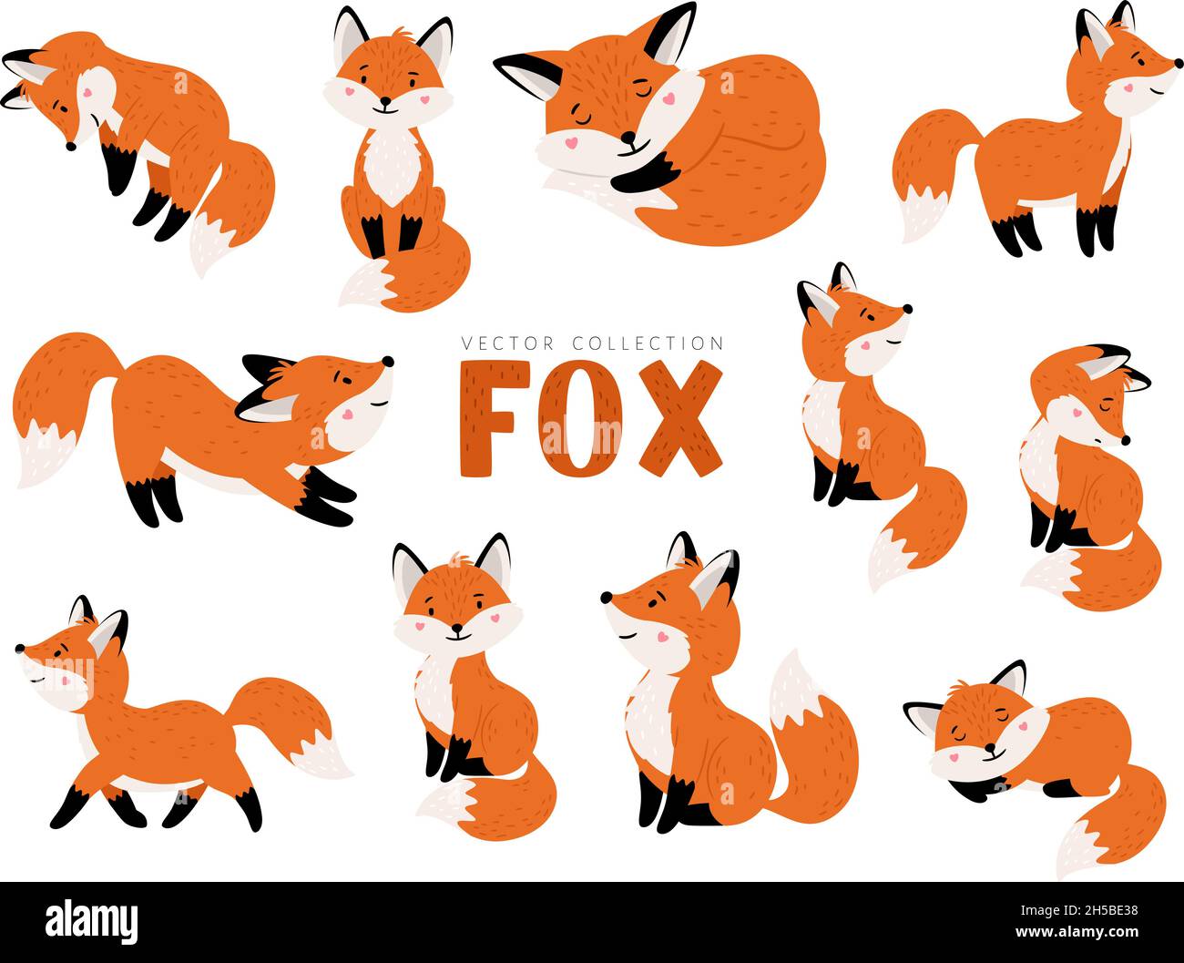 Funny fox set. Cartoon forest animals, mammals with cute emotions on ...