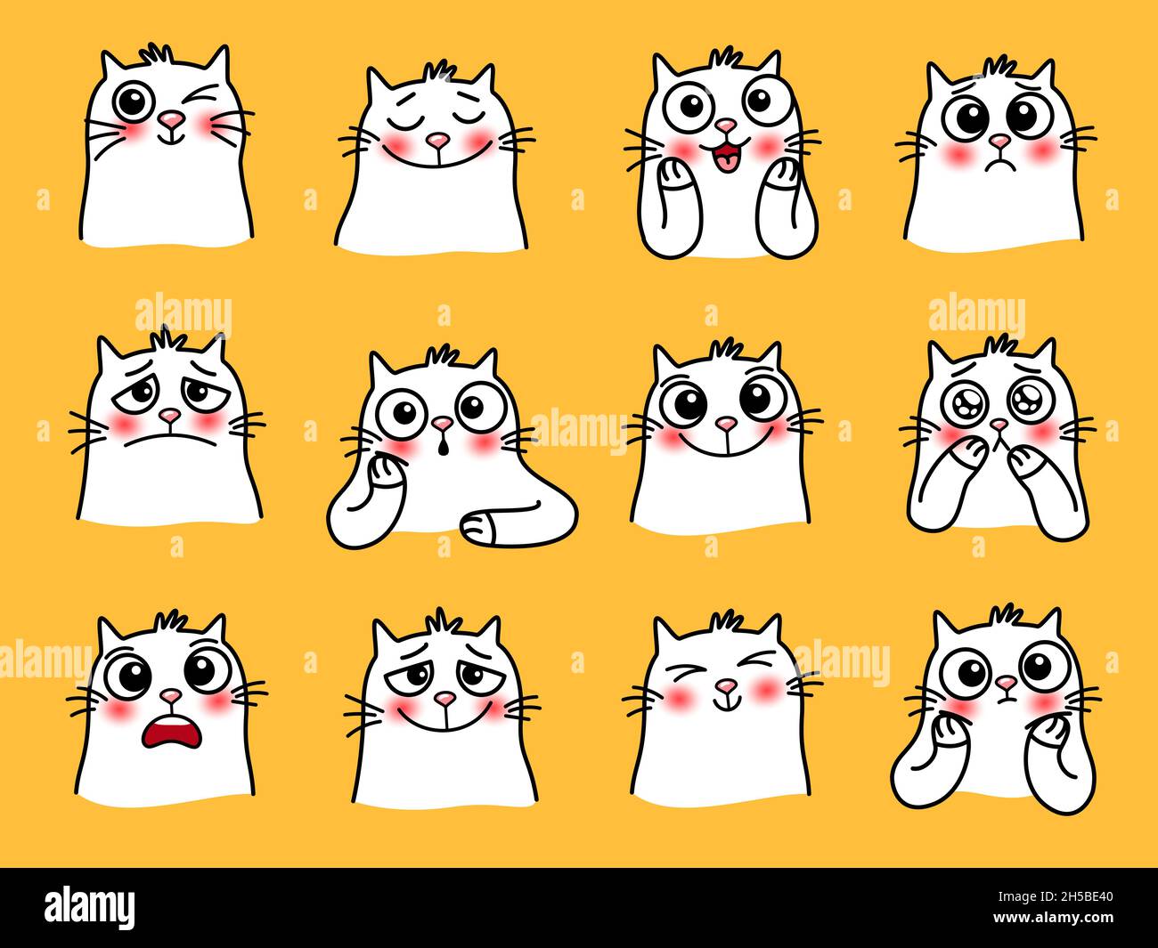Cat character stickers. Cartoon pets with cute emotions, smiling ...