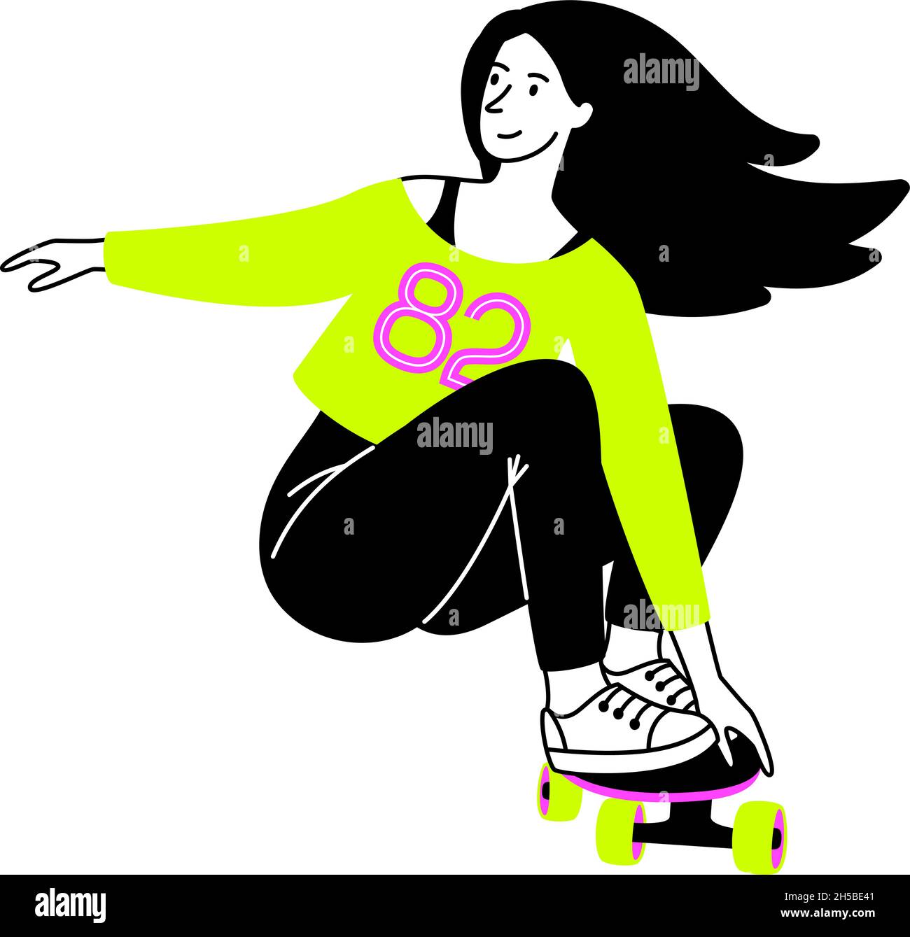 Female on longboard. Cartoon girl on cool skateboard, concept of ...